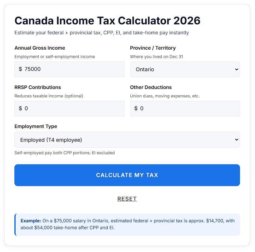 Canada Income Tax Calculator 2026 - Free CRA Estimator