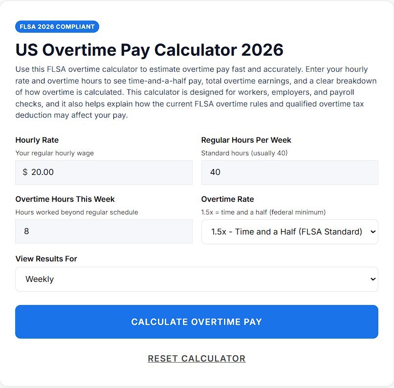 US Overtime Pay Calculator 2026 | FLSA, Overtime Rate & Pay Formula